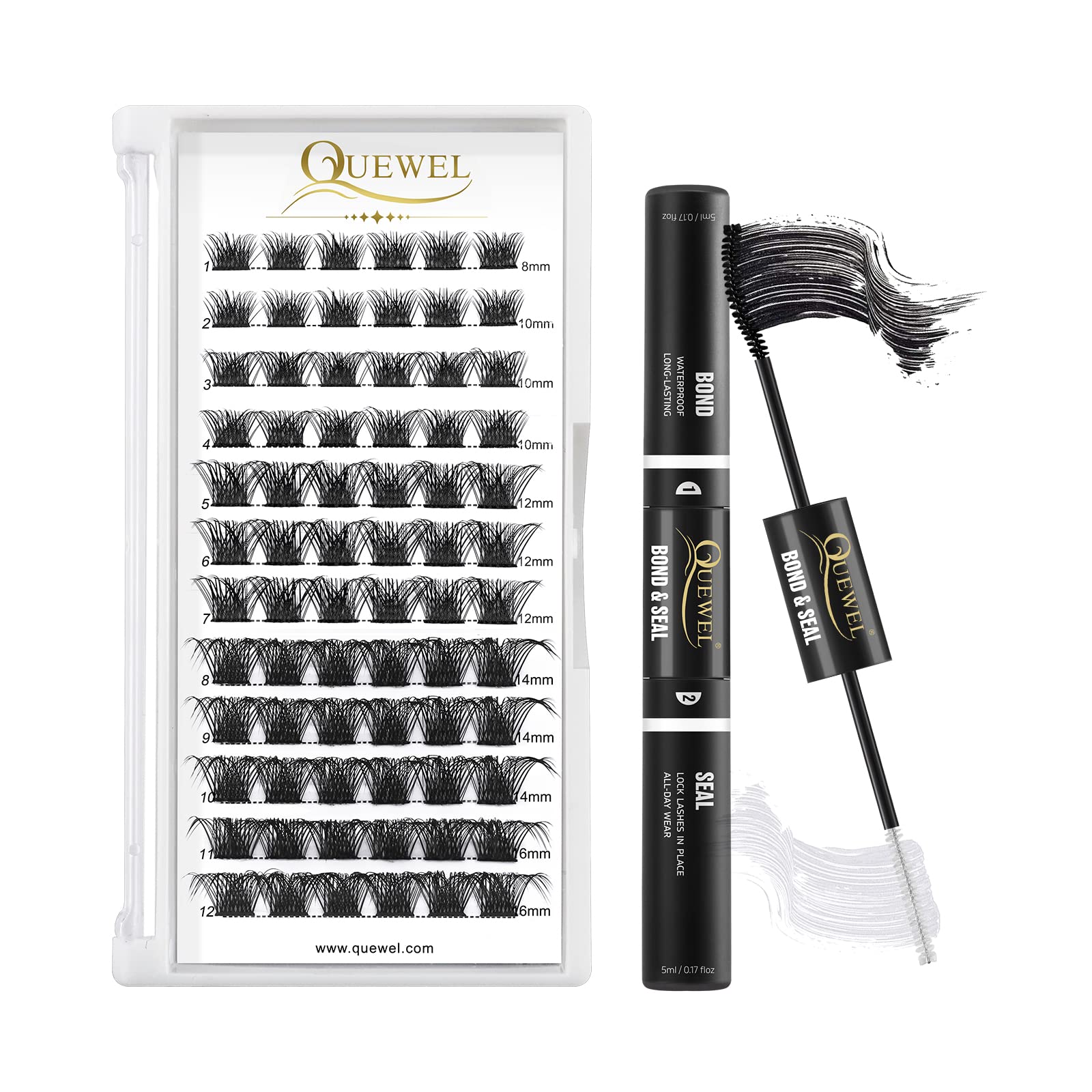 QUEWEL Cluster Lashes 72 Pcs Wide Stem Individual Lashes C/D Curl 8-16mm Length + Lash Bond And Seal, Lash Cluster Glue For DIY Eyelash Extensions