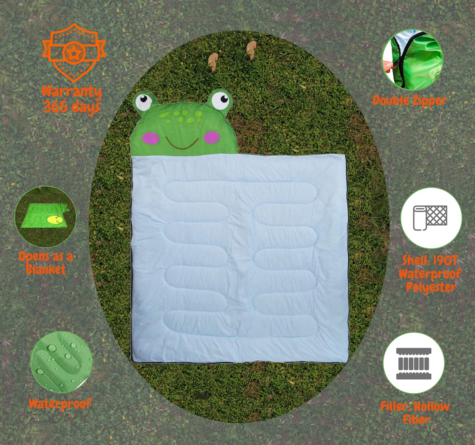 Kids Camping Sleeping Bag with Sleeping Mask, Waterproof, Durable & Lightweight, Ideal for Hiking, Camping & Outdoor Adventures, Frog Pattern