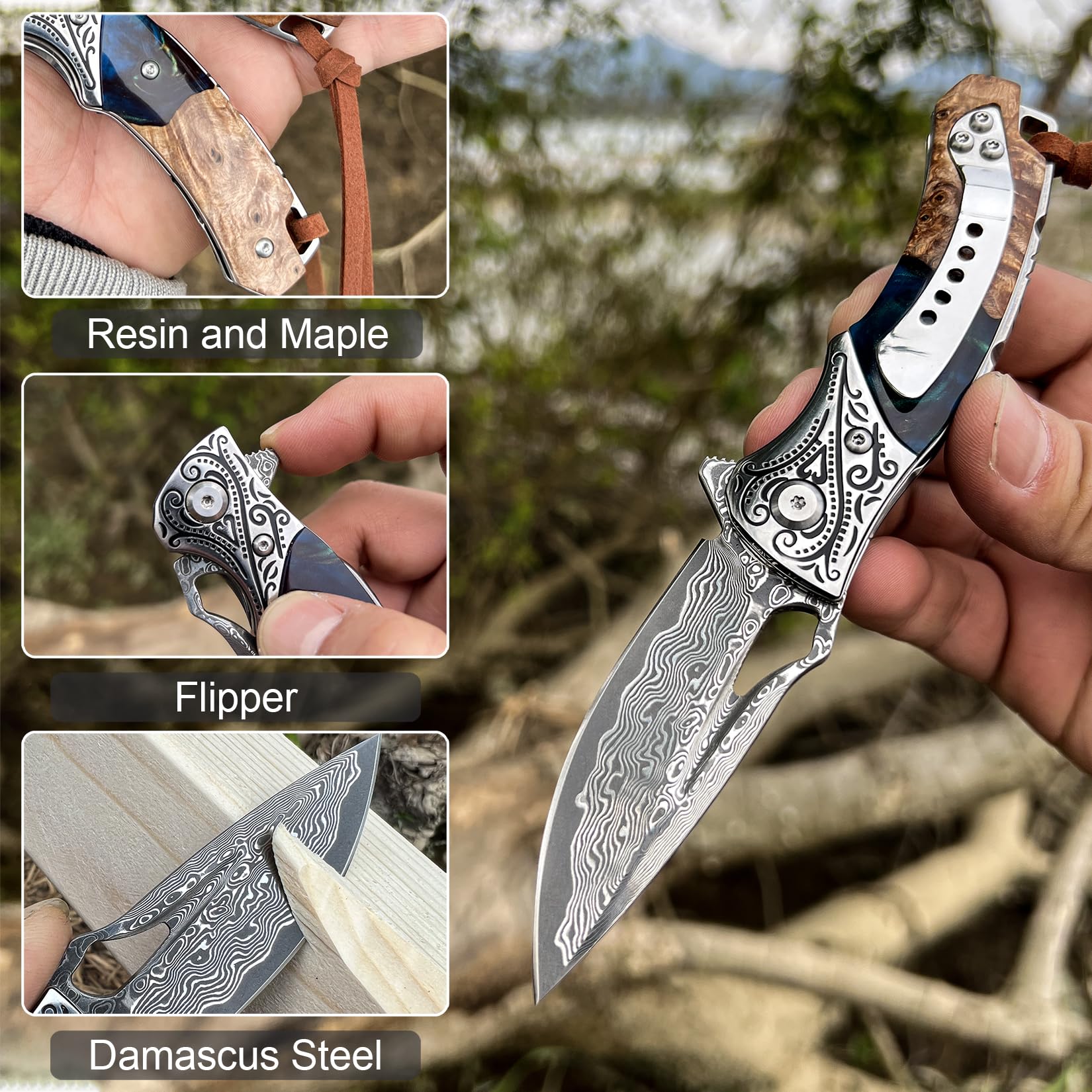 VNLA Damascus Folding Pocket Knife,Forged Damascus Steel Blade,New material handle made of resin and maple leaf.with leather case,Pocket Clip,Suitable for Hiking carry EDC