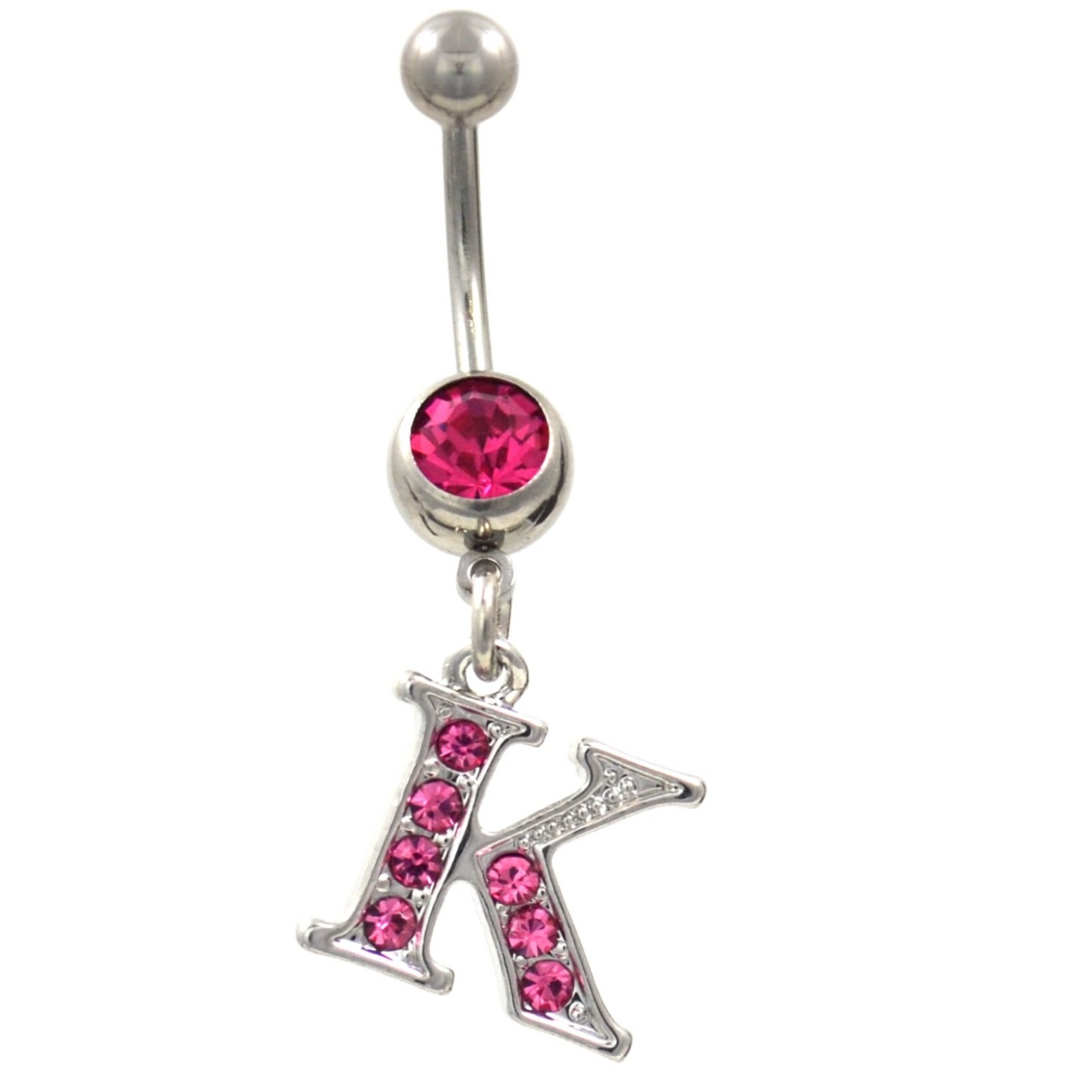 Initial Letter K Pink Gem Decorated Belly Button Ring