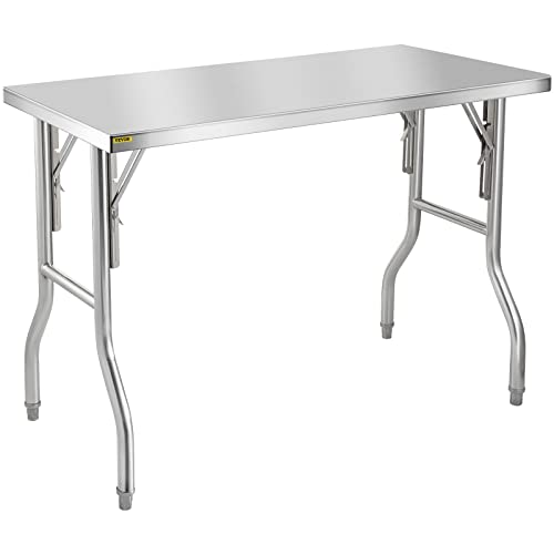 VEVOR 48 x 30 Inch Folding Commercial Prep Table Commercial Worktable Workstation, Heavy-Duty Stainless Steel Folding Table with 220 lbs Load, Silver Stainless Steel Kitchen Island,Kitchen Work Table