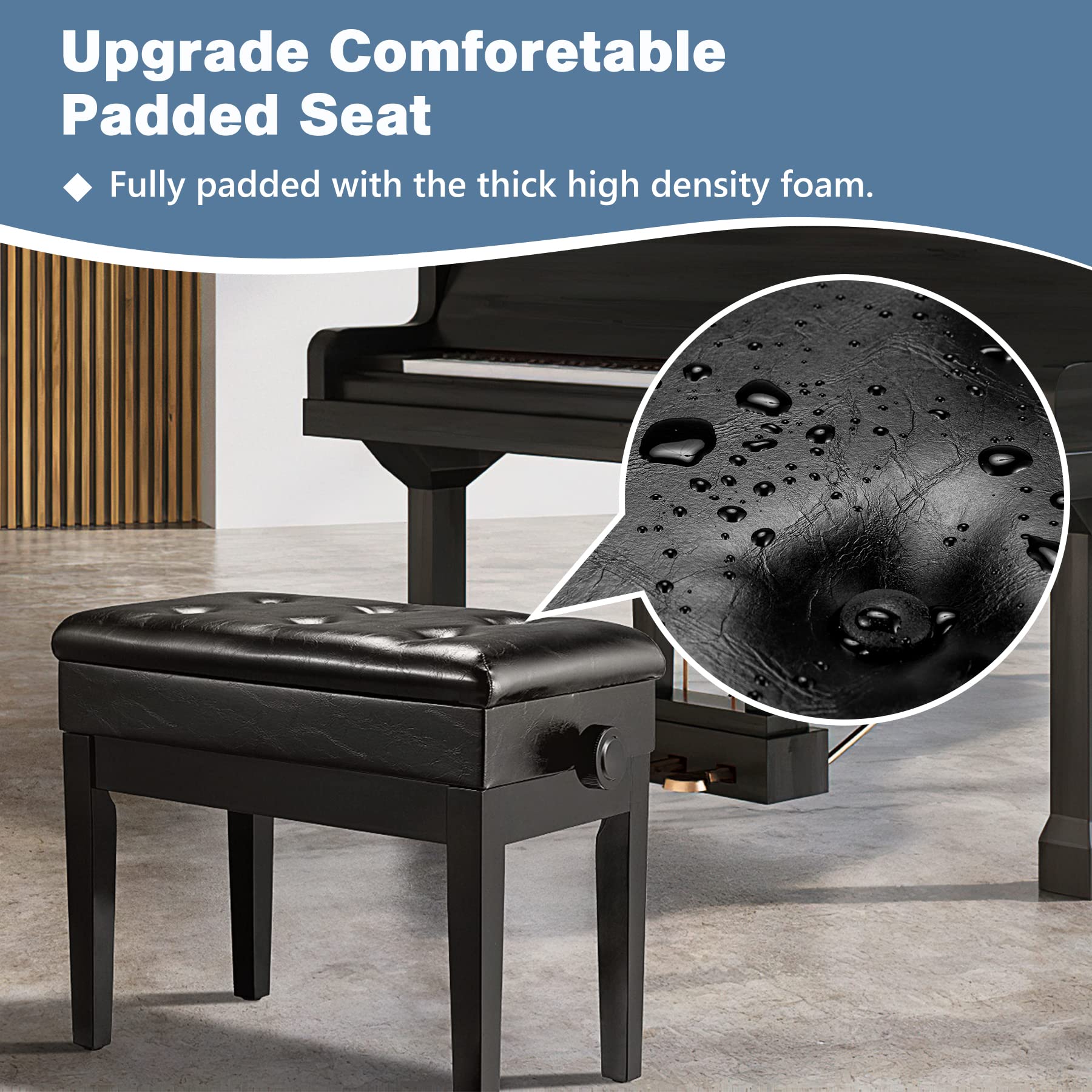 RYNSTO Piano Bench Adjustable with PE Leather High-Density Sponges Pad, Storage Compartment for Music Sheet,Solid Hard Wood Construction,Piano Stool,21.26×13.4×16.7,Weight Capacity 552lbs,Black
