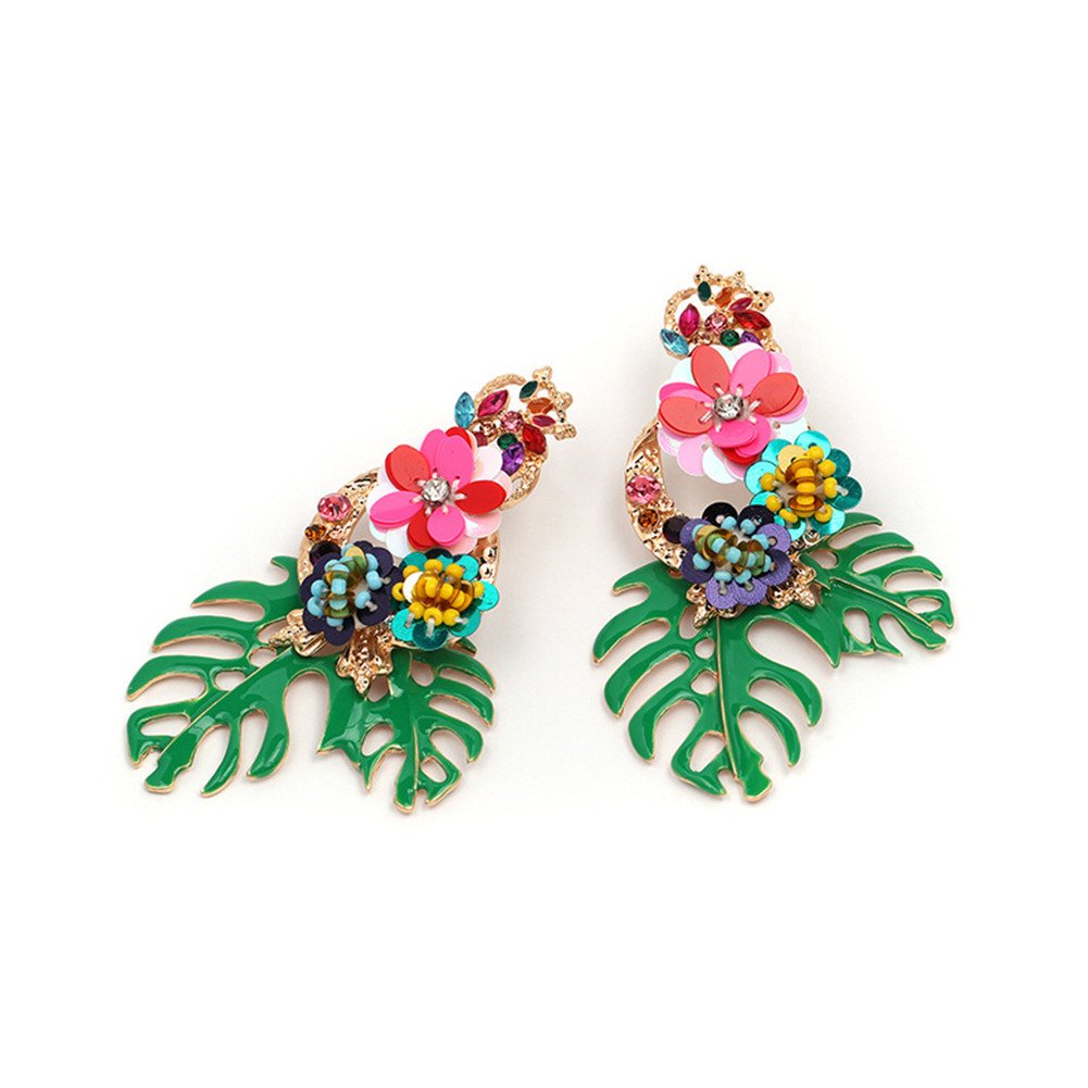 Lureme Colorful Segmented Leaf Dangle Earrings, Zinc Alloy, 2.09 in3.54 in5.3 in9.0 cm, Green