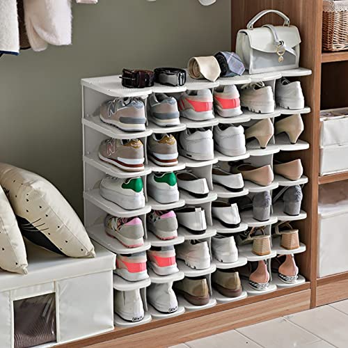 TXALWIQ 6-Tier Narrow Shoe Organizer, Adjustable Cubby Shoe Rack for Closet, Free Standing Shoe Slot Tower for Entrance, Stackable Space-Saving Shoe Storage Shelf for Entryway, White