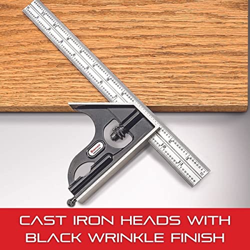 Starrett Steel Combination Square with Square and Center Head - 12" Blade Length, Cast Iron Heads, Hardened Steel, Reversible Lock Bolt, 4R Graduation Type - C11HC-12-4R