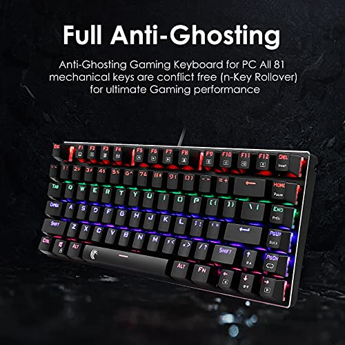 HUO JI 75% Mechanical Gaming Keyboard, with Blue Switches - Clicky, Rainbow LED Backlit, Metal Panel, USB Wired Compact 81 Keys for PC/Mac, Black