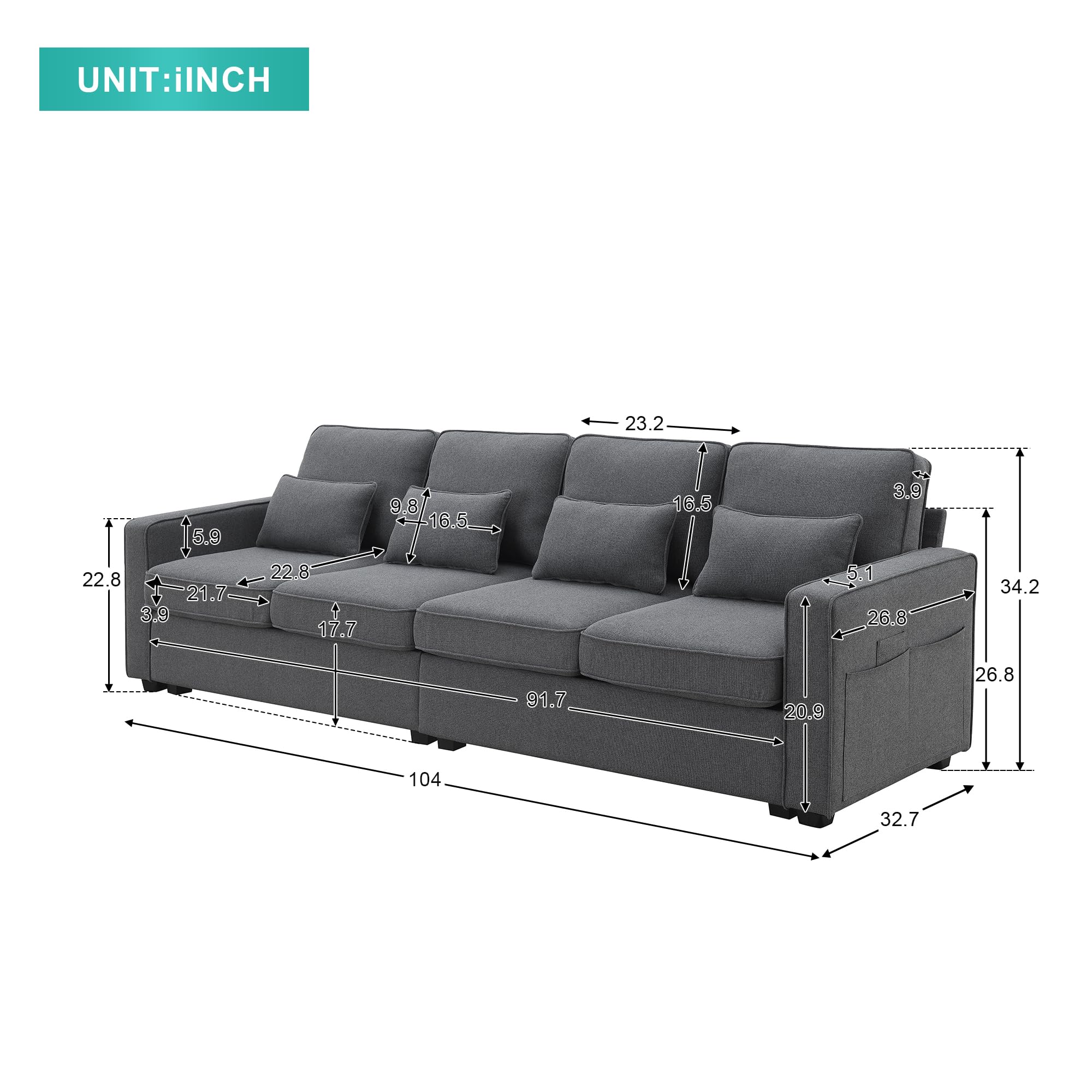 WIIS' IDEA 104" Modern Sectional Sofa Couch,4-Seater Modern Linen Fabric Sofa with Armrest Pockets and 4 Pillows,Minimalist Style Couch for Living Room,Apartment,Office(Dark Gray)