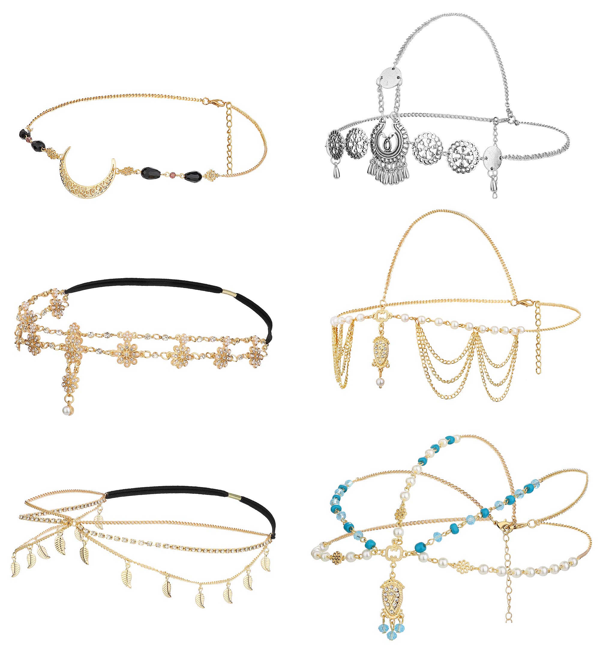 LOYALLOOK 6PCS Gold Head Chain Jewelry Boho Headband Head Chain Coins Crystal Moon Tassel Chain Hair Band Bridal Wedding Halloween Hair Headpiece for Women A