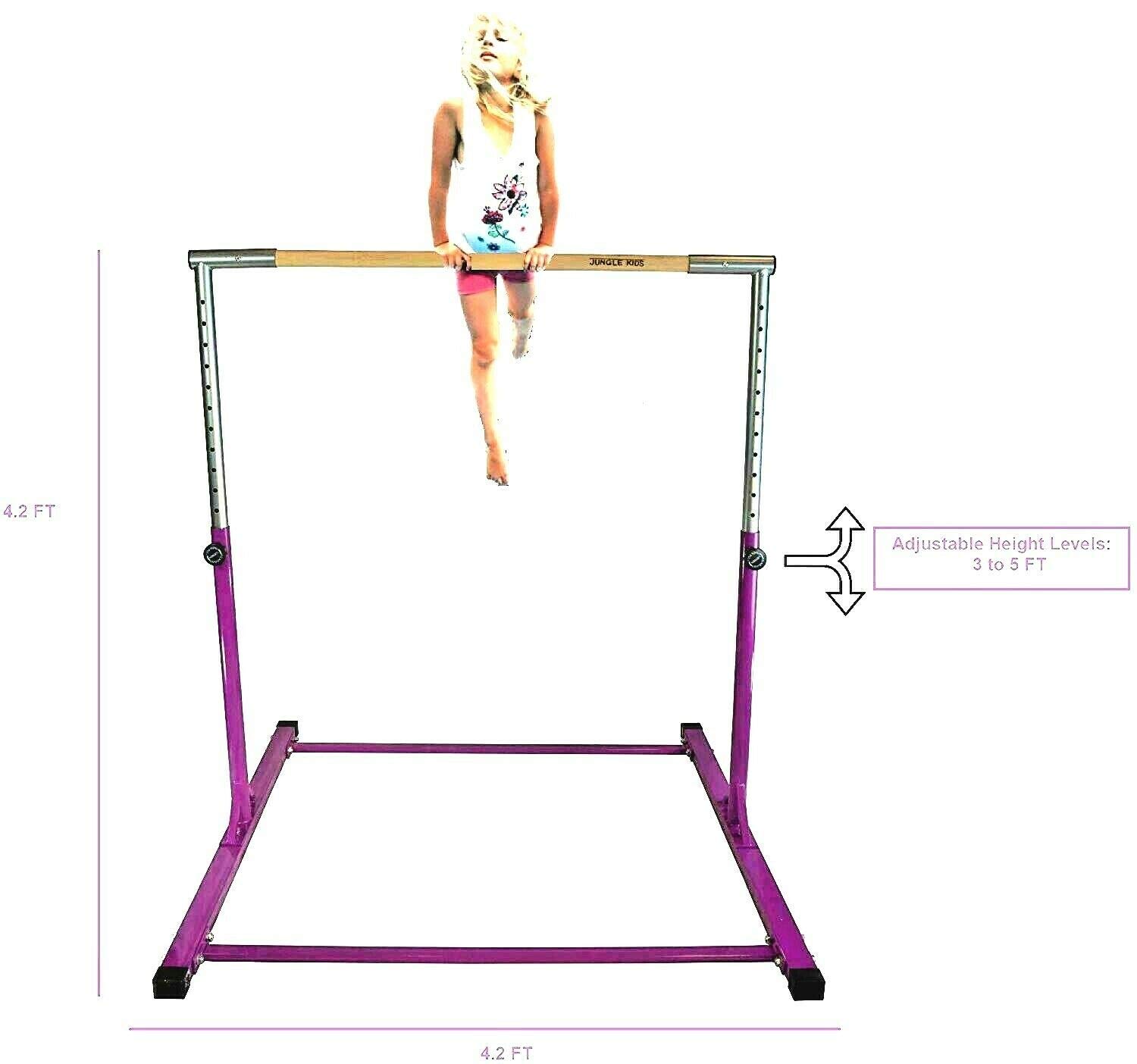 Kids Expandable Kip Bar with Tumble Mat Professional Pink Horizontal Gymnastics Asymmetric Bar 4x8 FT Mat Jungle Gym Height Adjustable 3 to 5 FT Purple Mat