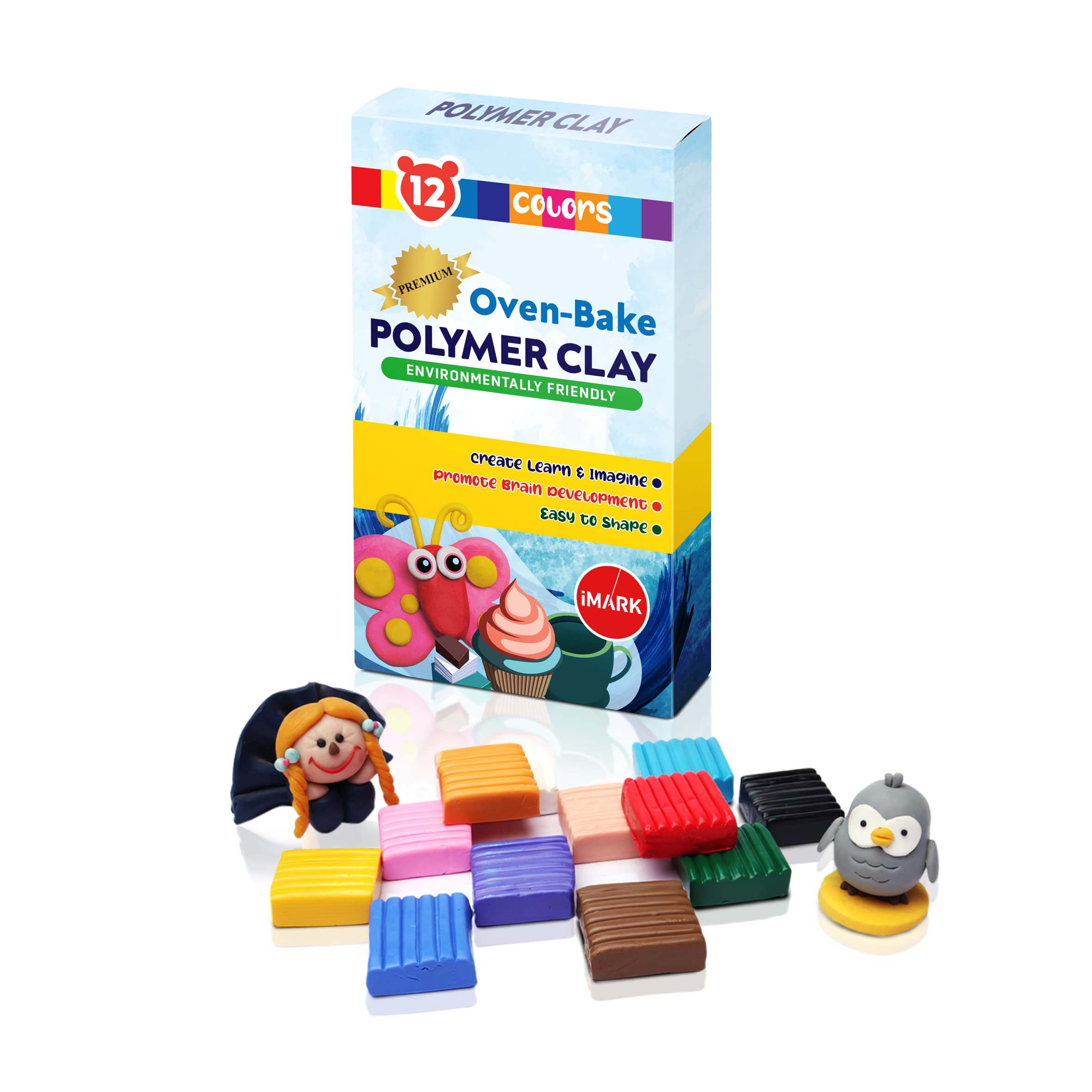 iMark Premium 12 Colors Polymer Oven-Bake Clay, Safe & Non-Toxic, for Modeling, Sculpting, DIY and Projects β Great for Kids & Beginners