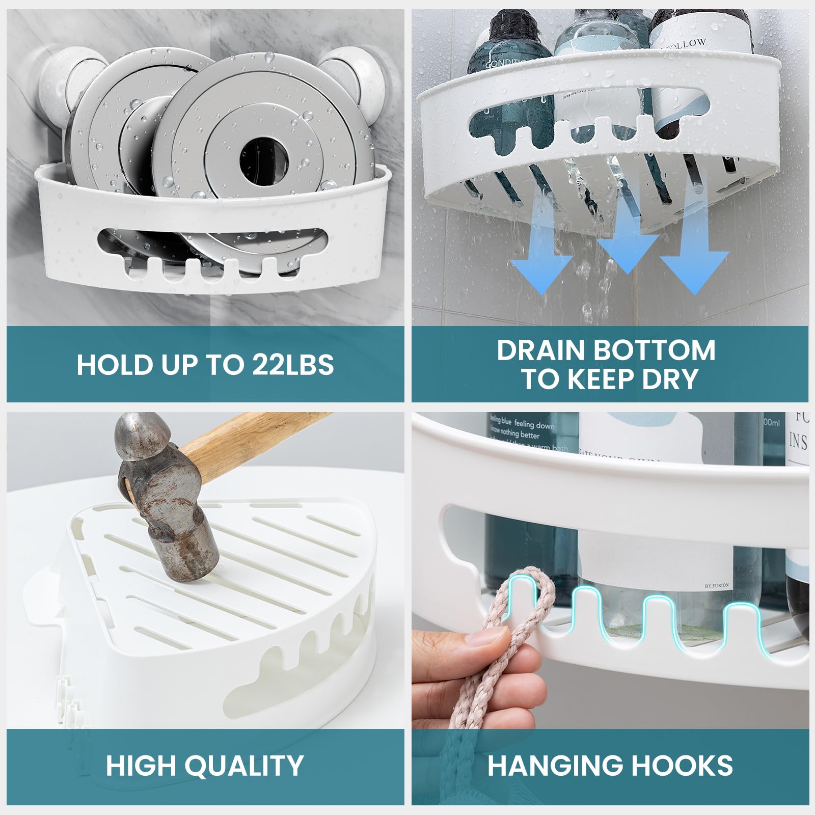 TAILI Corner Shower Caddy Suction Cups Heavy Duty 2 Pack, Small Bathroom Shower Shelf Storage Wall Mounted shower Organizer for Shampoo,Conditioner,Plastic shower Basket, Drill-Free Removable