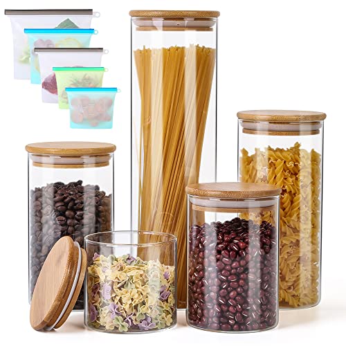 VGIGCICV 10Pcs Set of big mouth glass jars storage for kitchen organization,up to 45oz glass can, silicone bag for leftovers