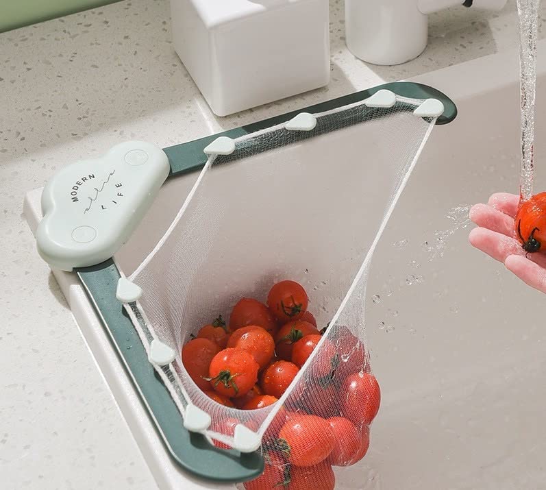 Sink Strainers with Triangle Holder, Kitchen Disposable Food Filter Bag, Cute Green Raindrop Sink Corner Drain Garbage Storage Rack Holder, Food Scraps Waste Mesh Net (Green Holder+100pc Strainer)