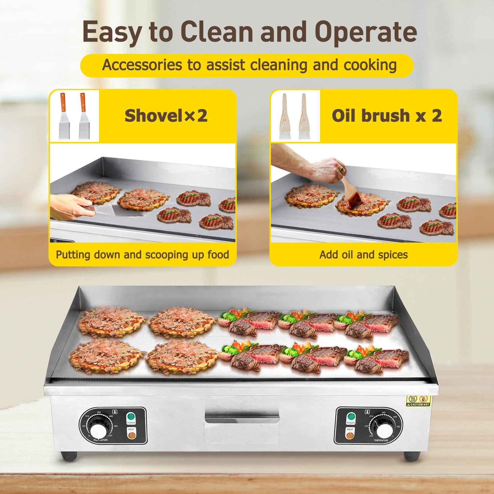 Takywep 30Inch Electric Griddle,Commercial Electric Countertop Grill, Non-Stick Electric Grill Plate (With Plug), Adjustable Temperature Control 122°F-572°F, 1600W/110V