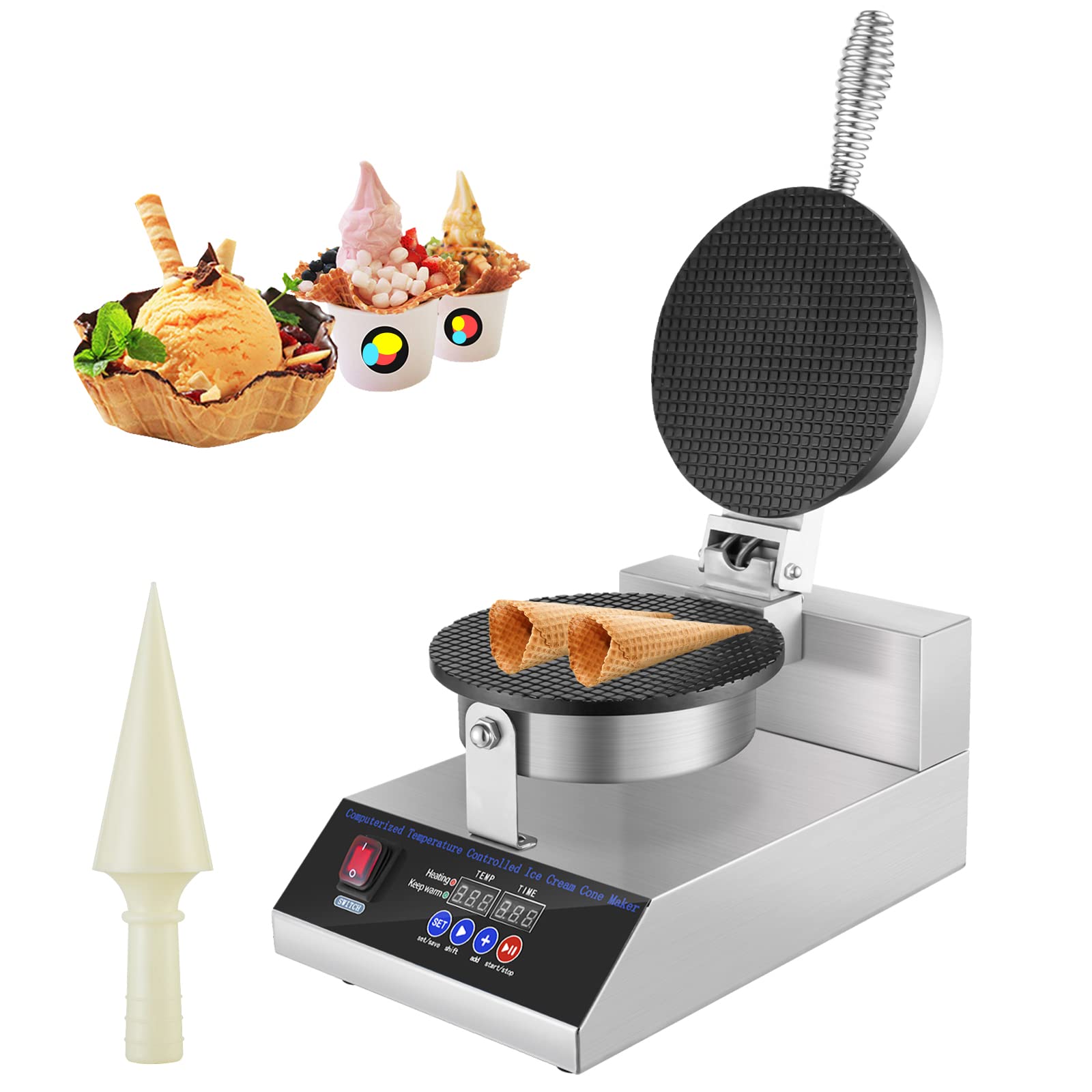 S2SQURE Commercial Ice Cream Cone Maker Waffle, Waffle Cone Iron, non-stick panel, stainless steel structure, high power 1200W, suitable for hotels, restaurants, snack bars, Ice Cream Shop
