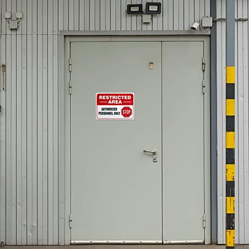 Restricted Area Authorized Personnel Only Sign 4-Pack 10x7 Inches High-Adhesive Safety Stickers for Workplace and Private Premises, Weatherproof, Easy to Stick