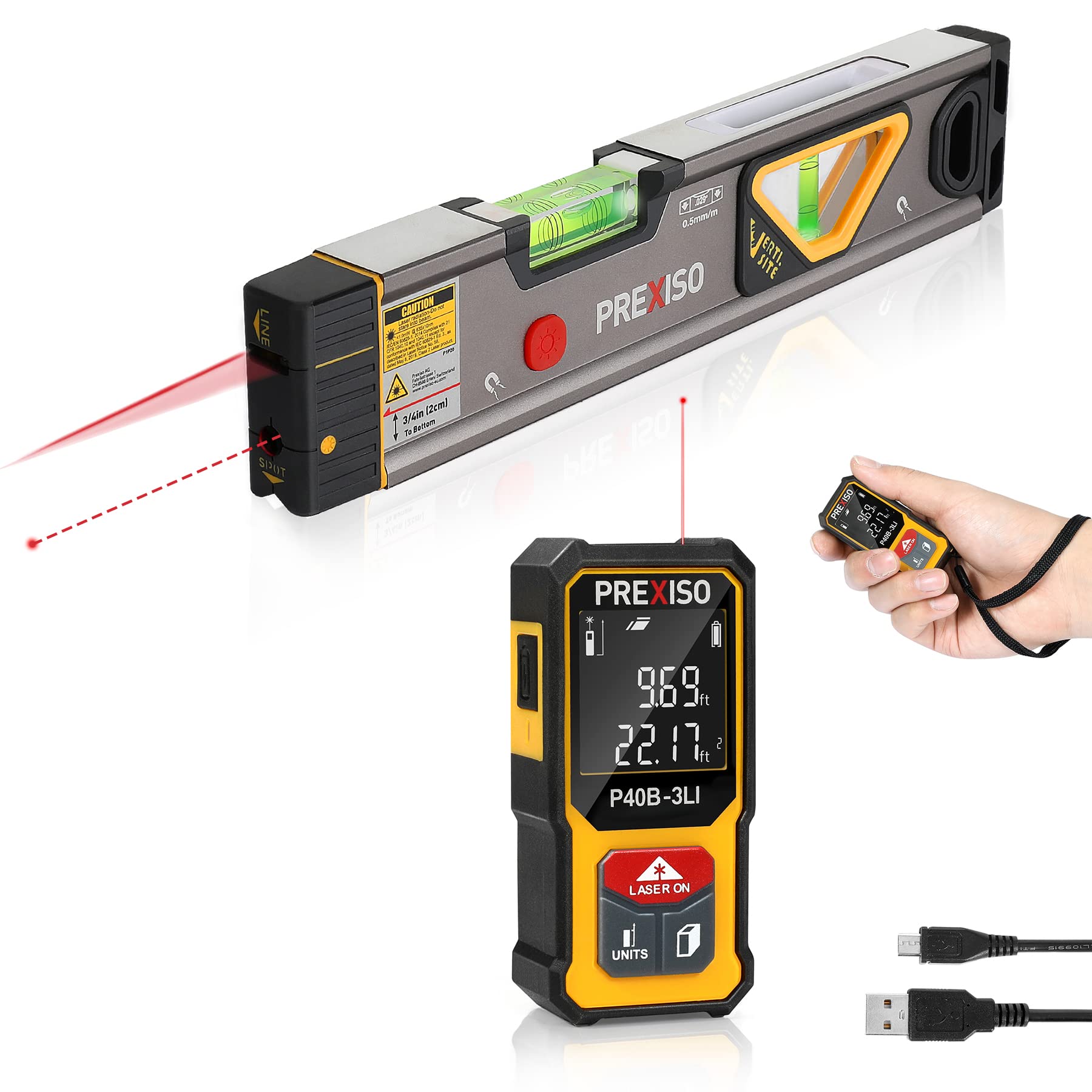 PREXISO 135Ft Mini Laser Measure Rechargeable, Measure Pythagorean Modes, Distance, Area, Volume & PREXISO 2-in-1 Laser Level Spirit Level