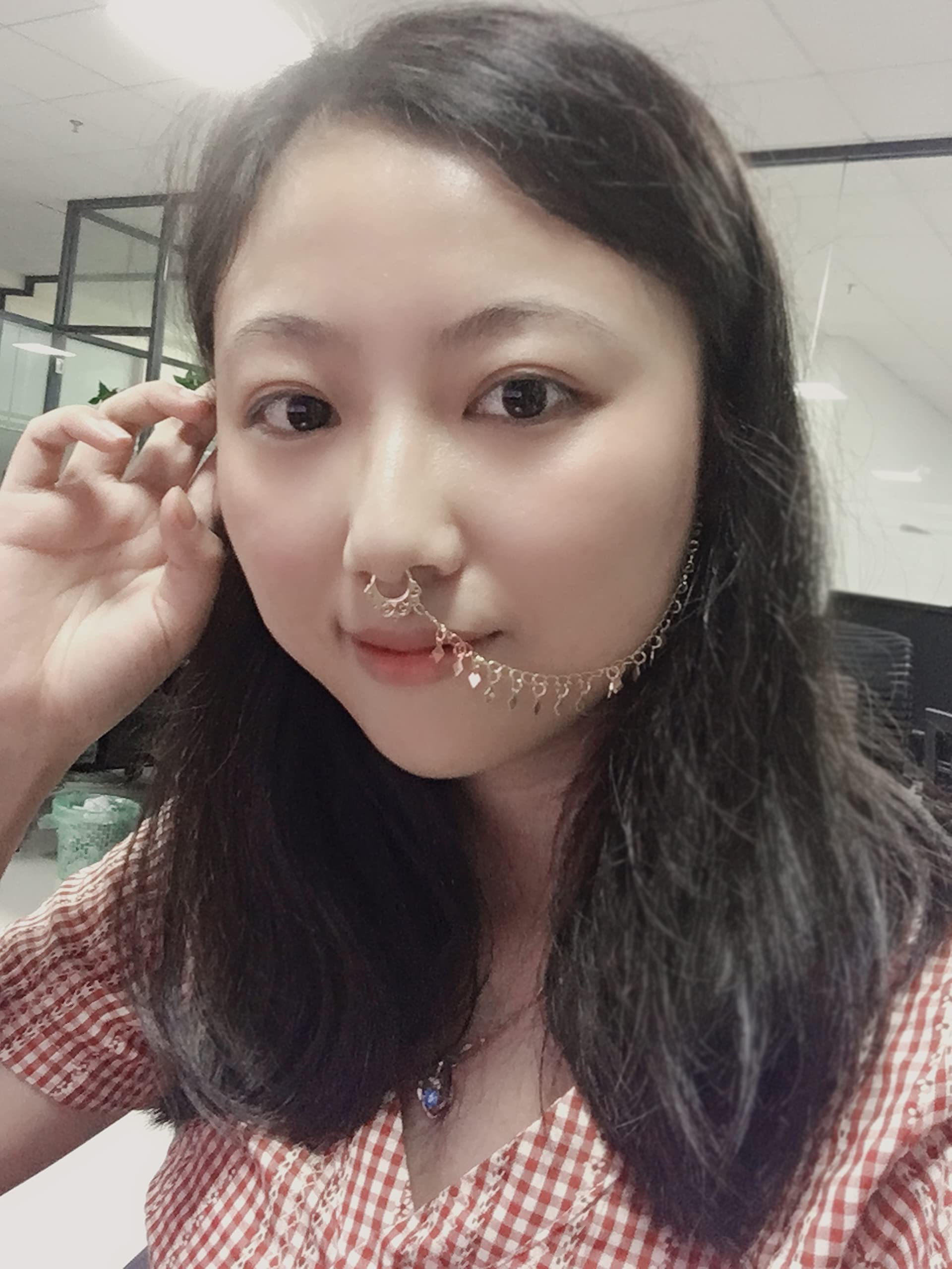 Honbay Body Jewelry Fake Septum Ring Non Piercing Nose Rings with Chain Nose to Ear Chain with Tassel (Gold)