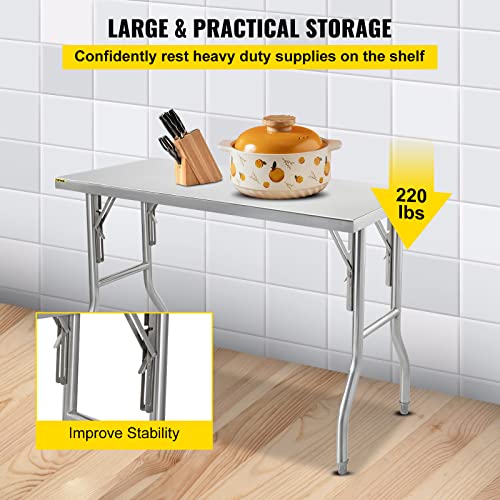 VEVOR 48 x 30 Inch Folding Commercial Prep Table Commercial Worktable Workstation, Heavy-Duty Stainless Steel Folding Table with 220 lbs Load, Silver Stainless Steel Kitchen Island,Kitchen Work Table