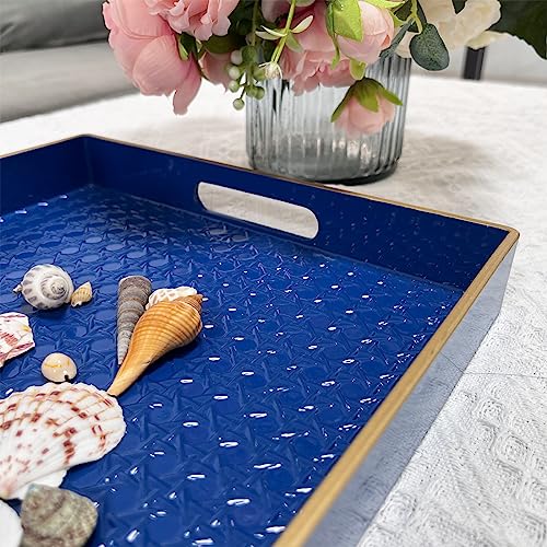 Umisriro Navy Blue Serving Tray with Handles, Plastic Decorative Tray for Ottoman, Coffee Table, Living Room, Kitchen 15.7βx10.2β