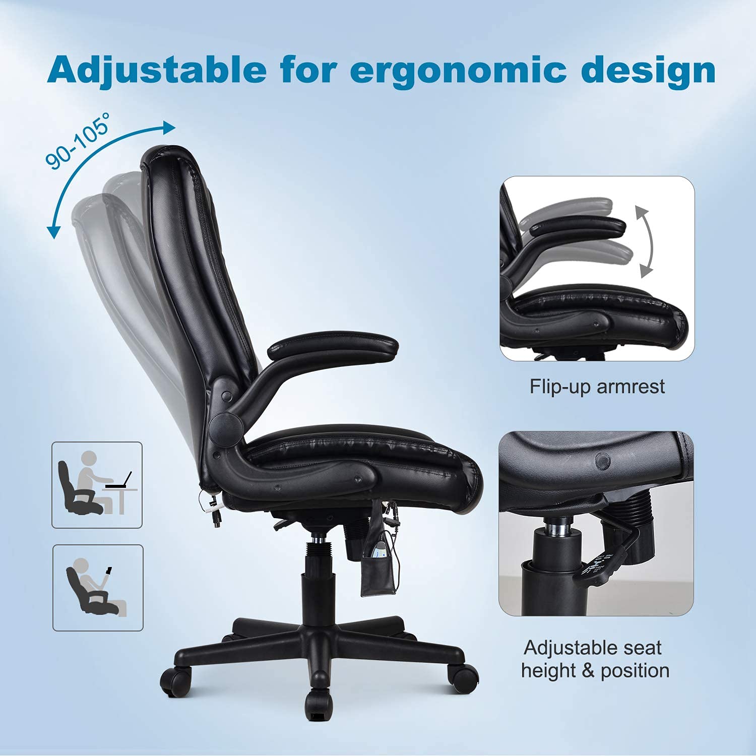 LENTIA Massage Office Chair High Back Executive Chair Ergonomic Leather Computer Desk Chair with 6 Vibrating Point, Black (27.16" W × 28.34" D × 41.73-45.74" H)