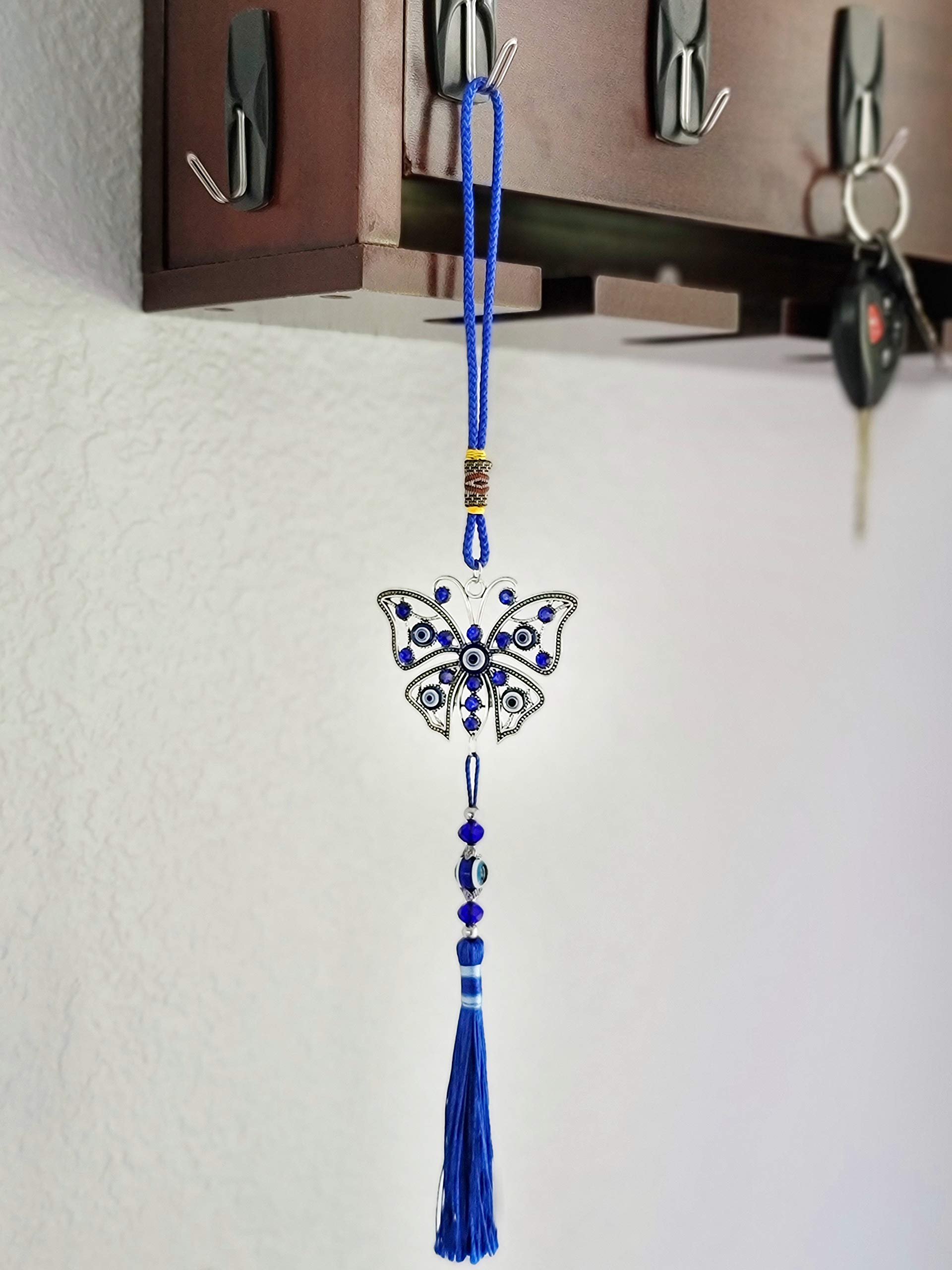 LUCKBOOSTIUM Center Evil Eye Butterfly Charms Pendant in Blue Crystal Stone w/Tassels for Good Luck & Protection Car Rear View Mirror Hanging Ornament Accessories Home Decor Charm