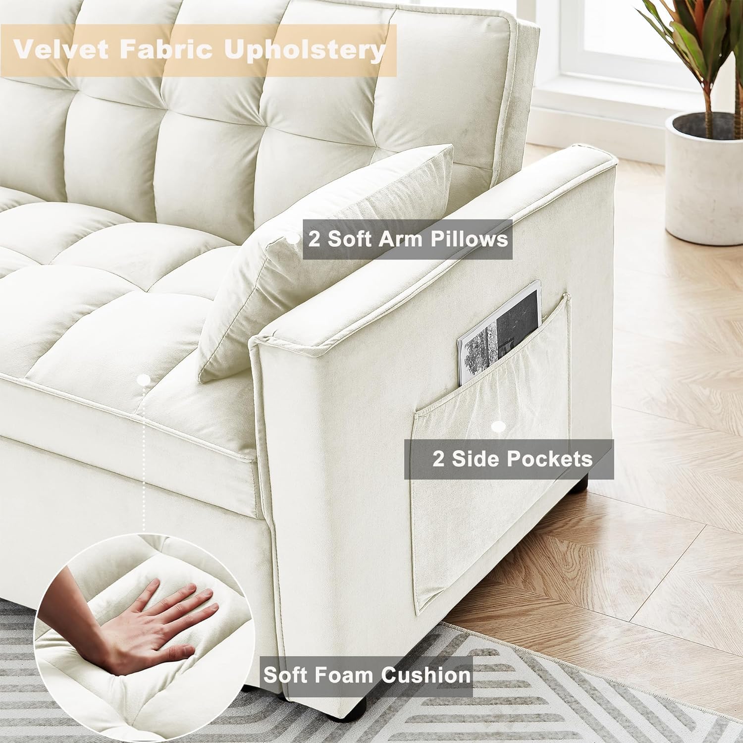 Velvet Sleeper Sofa Couch Bed,3 in 1 Small Modern Convertible Loveseat Futon Sofa with 3 Level Adjustable Backrest, Storage Pockets, Toss Pillows, Pull Out Loveseat Sleeper for Living Room (Beige)