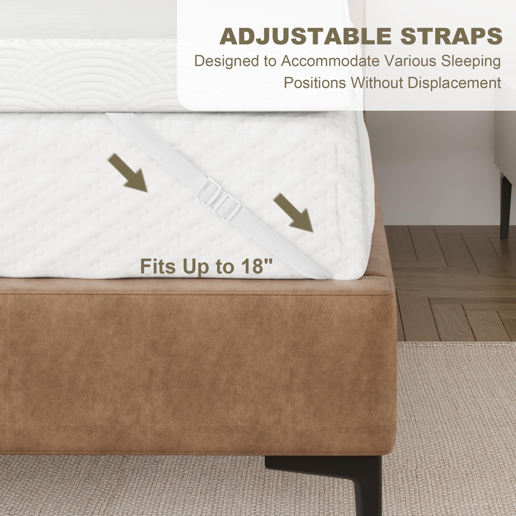 Zenzy 3" Queen Mattress Topper Cover, [Ultra-Soft] Bamboo Zippered Cover, Mattress Protector [with Adjustable Straps] [Washable] Cover for Mattress Topper- Only Cover