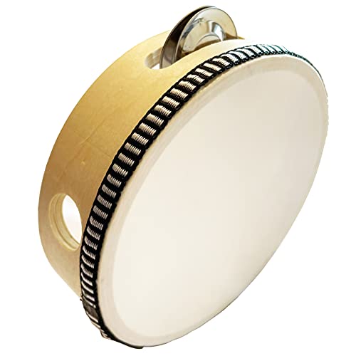 Luvay 6" Hand Held Tambourine Drum - Metal Jingles Percussion Instrument with Head (White)