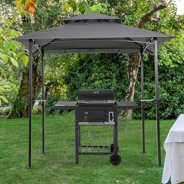 Koity Double Tier Grill Gazebo 8x5, Outdoor Grill BBQ Gazebo, Steel Frame with Hook and Bar Counters, Grey (Grey)