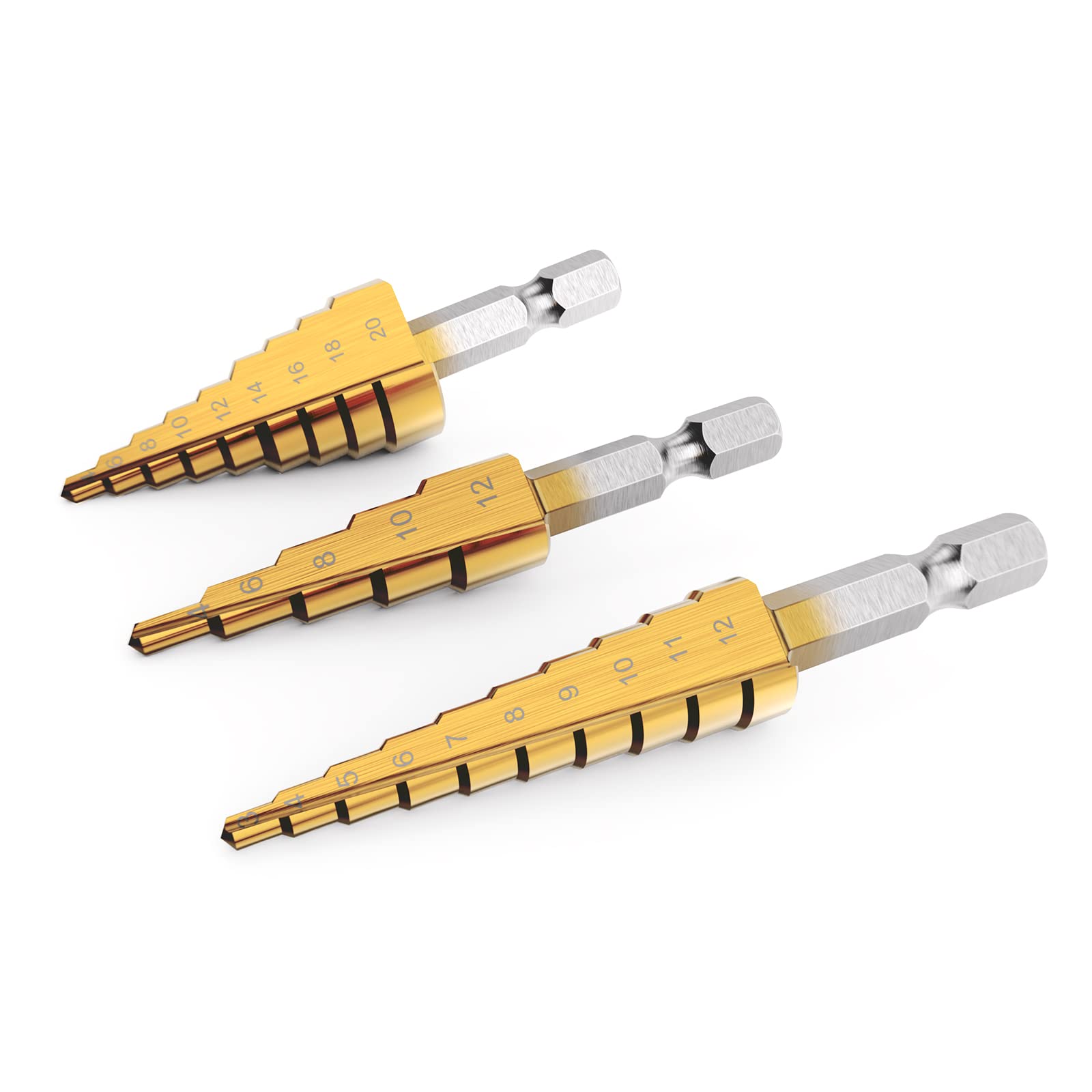SILATU Step Drill Bit Set - 3 Pieces Titanium HSS Coated Step Drill Bit, 28 Sizes 1/4 Inch Hexagon Shank Step Drill Bit for Wood, Metal, Plastic, Multiple Hole (3-12mm, 4-12mm, 4-20 mm)