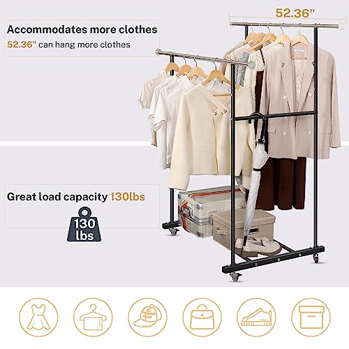 VICERII Double Clothing Rack, Heavy Duty Clothes Rack with Wheels and Extra Wide Bottom Shelf, 52.36ββ Garment Racks for Hanging Clothes, Coats, Shirts, Skirts, Dresses, 130LB Capacity, Black