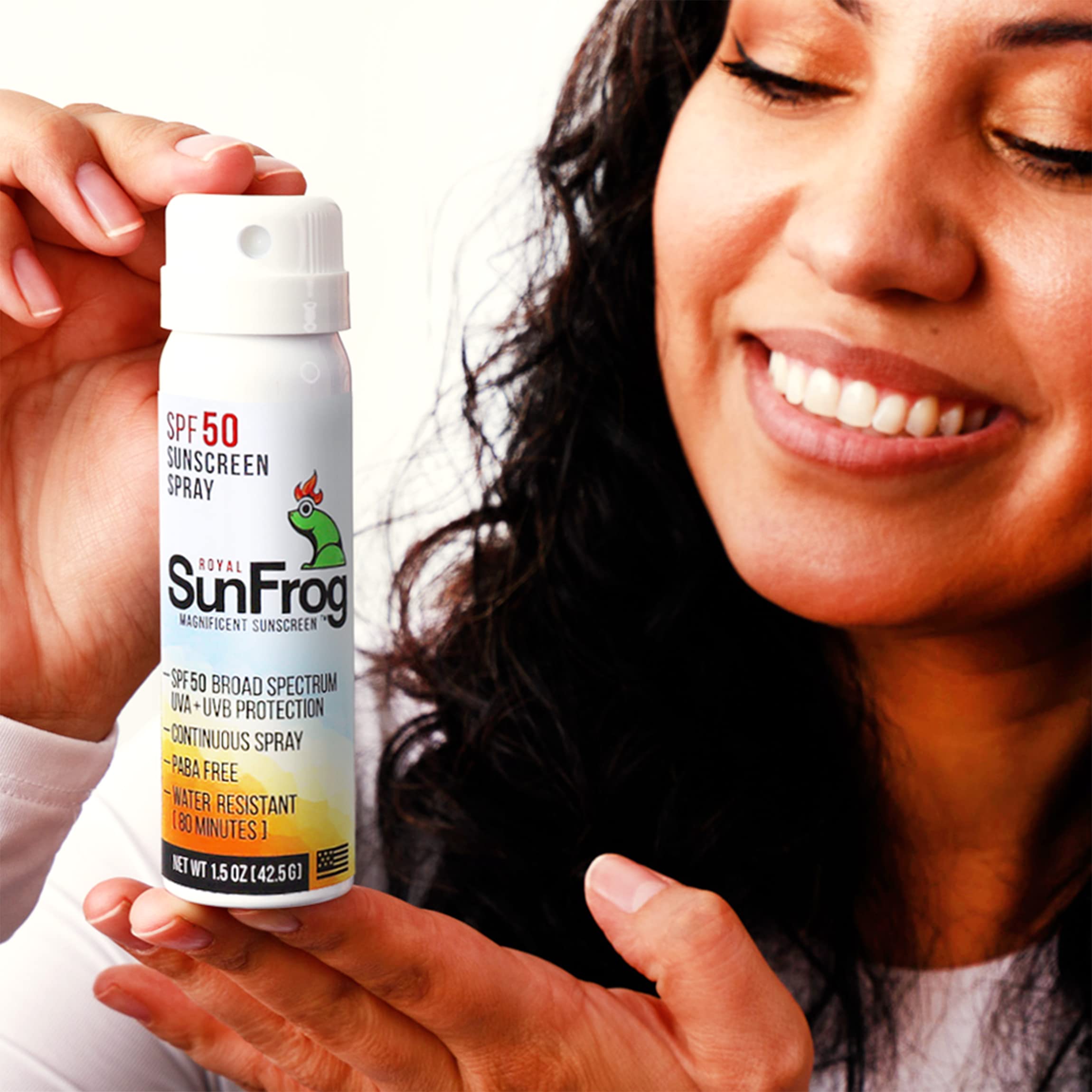 Royal SunFrog | SPF-50 Sunscreen - Continuous Spray | Broad Spectrum UVA + UVB, PABA-Free, Water Resistant for 80 Minutes | with Vitamin E and Aloe | for Face and Body (1.5oz/42.5g) - 1 count