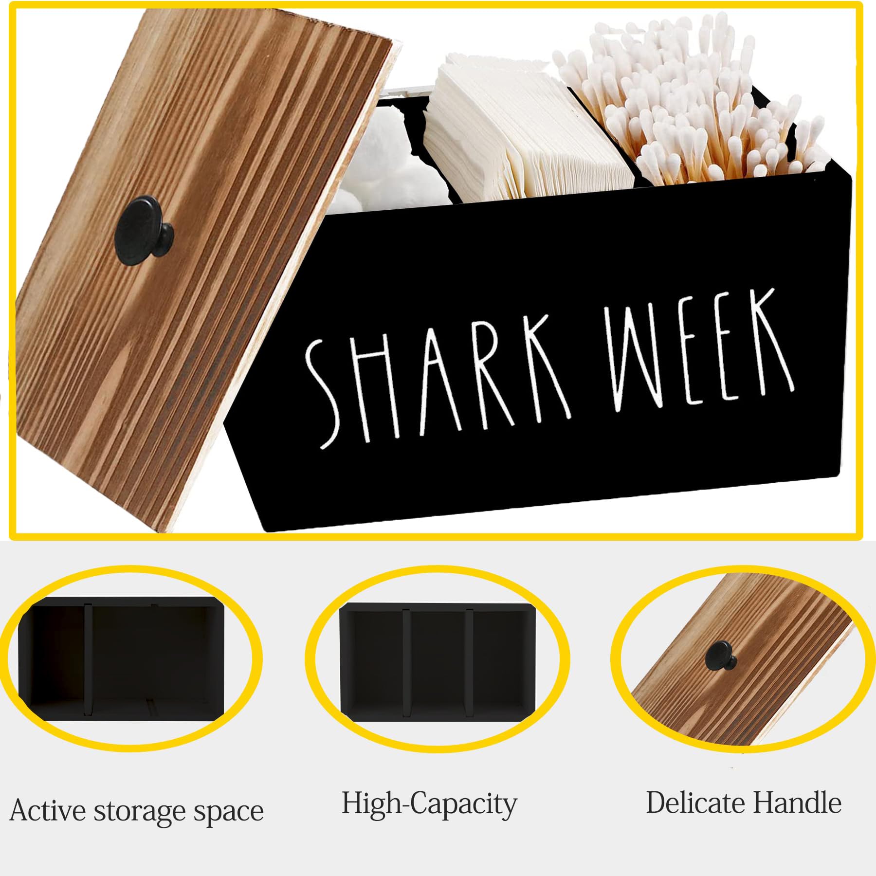 Tampon Holder for Bathroom,Farmhouse Bathroom Organizer,Rustic Wood Bathroom Storage Bin with Lid,Wood Movable Partition Feminine Product Organizer with Lid,Bathroom Accessories Box (Black wood)