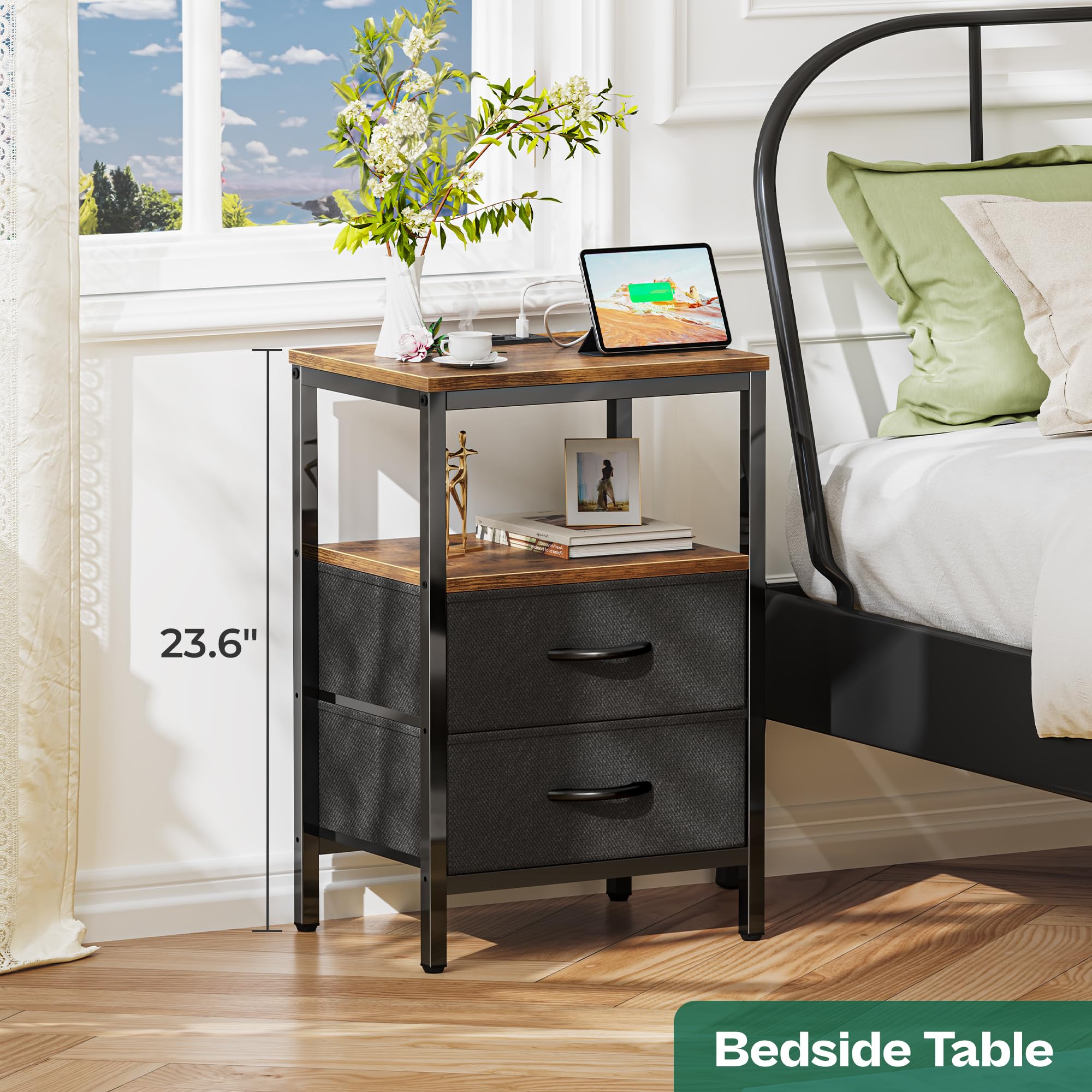 Huuger Nightstands Set of 2, End Tables with Charging Station, Side Tables with Fabric Drawers, Bedside Tables with USB Ports and Outlets, Night Stands for Bedroom, Rustic Brown and Black