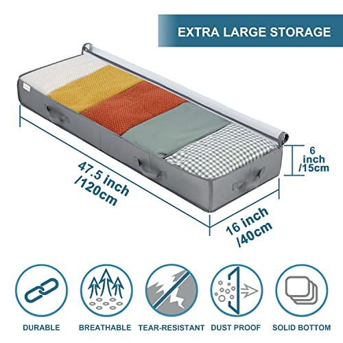 Under Bed Storage Containers, 2 Pack Under the Bed Bags with Dividers, Clear Foldable Underbed Storage Bins, Under Bed Organizer for Clothes Sheet Blankets, Firm Sides, Bottom Support, 47.5x16x6in