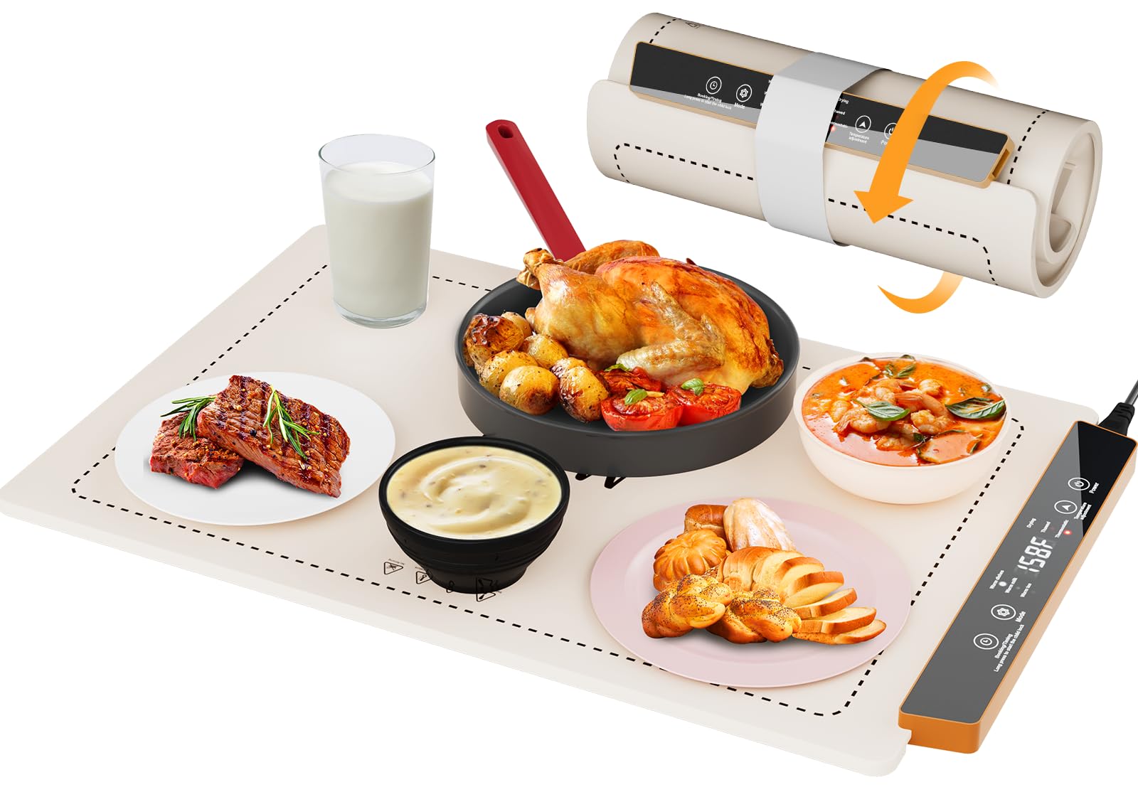 Silicone Food Warming Mat for Food - Portable Food Warmers for Parties with 8 Adjustable Temp Setting- Electric Food Warming Tray withTouchscreen- Foldable Heating Mat for Gatherings&Buffets