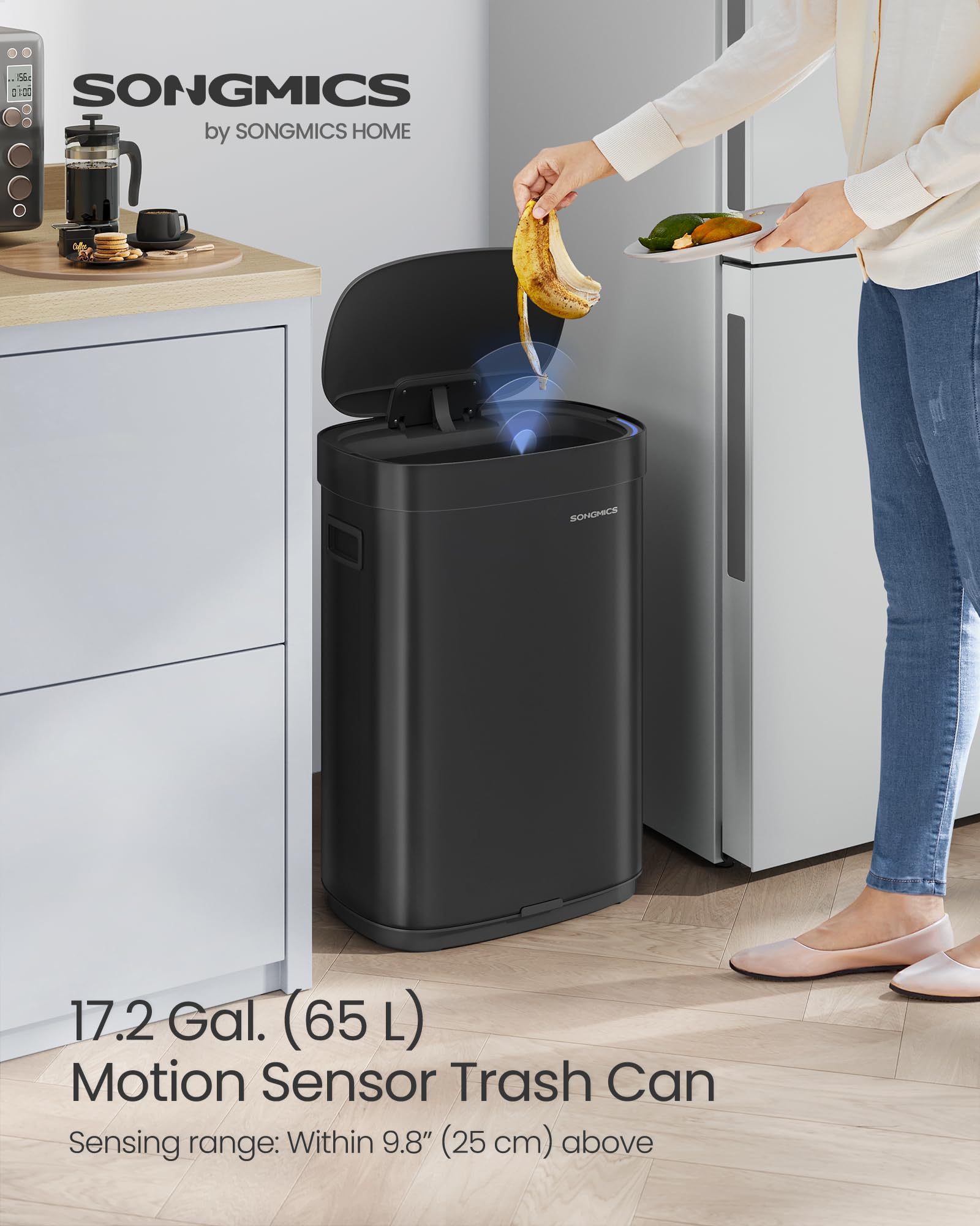 SONGMICS Kitchen Trash Can, 17.2-Gallon (65 L) Motion Sensor Garbage Can, Stainless Steel Trash Bin, Ozone Odor Control, Stay-Open, Ink Black ULTB660B01
