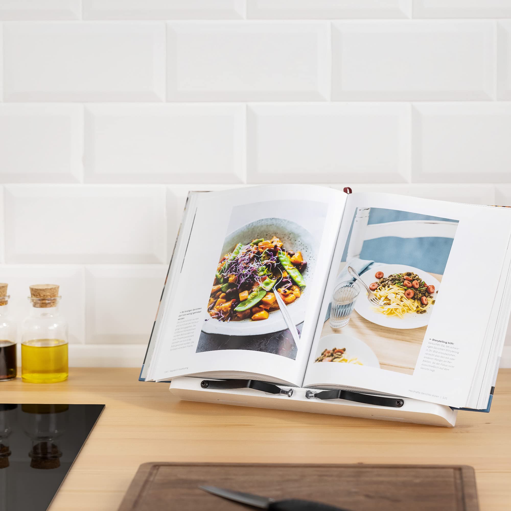 Navaris Bamboo Book Stand - Hands-Free Reading Recipe Cookbook Tablet Holder with 2 Adjustable Metal Page Holders with Grips - Bamboo Easel - White