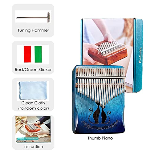 LvPets Kalimba 21 Key Thumb Piano Premium Mahogany Cat Lovers Pattern Finger Piano Handhold Mbira Portable Musical Instrument Gift for Kids Amateur and Beginner (Gradient Blue)