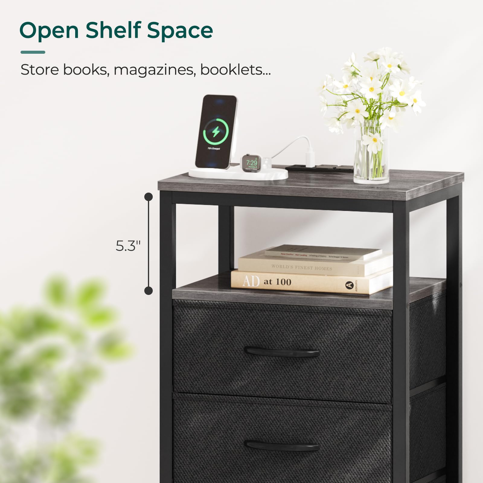 Huuger Nightstand with Charging Station, 27.6 Inch Side Table with Fabric Drawers, End Table Bedside Table with USB Ports and Outlets, Night Stand for Bedroom, Charcoal Gray