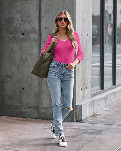 VICHYIE Fall Women's Square Neck Long Sleeve Shirts Scoop Ribbed Henley Tee Slim Fitted Casual Basic Tshirts Top Blouses Hot Pink L