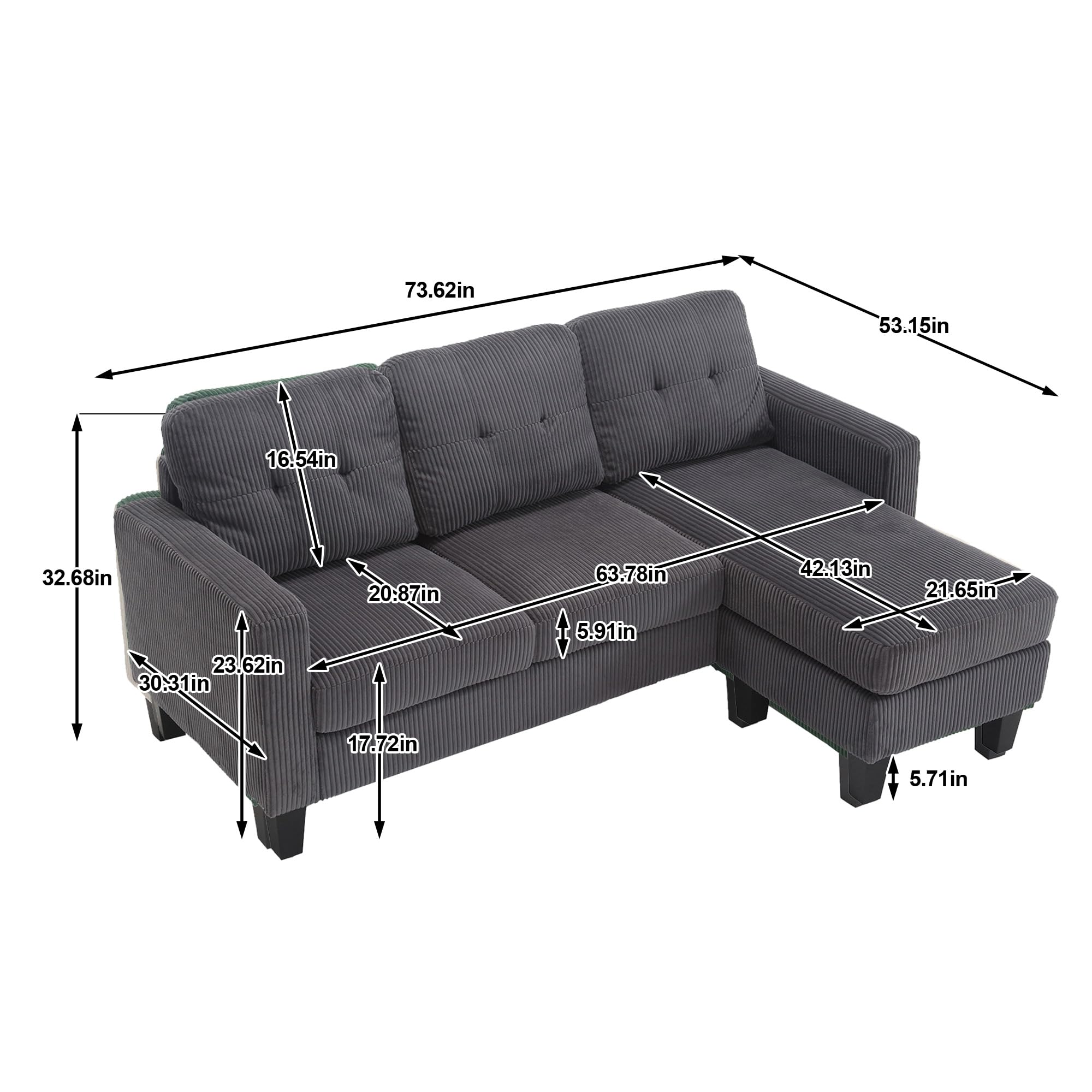Xuanlur L Shaped Couch with Ottoman, Modern Convertible Sectional Sofa with Reversible Chaise, Corduroy Sleeper Sofa Couch for Living Room, Bedroom, Apartment, Lounge, Dark Gray