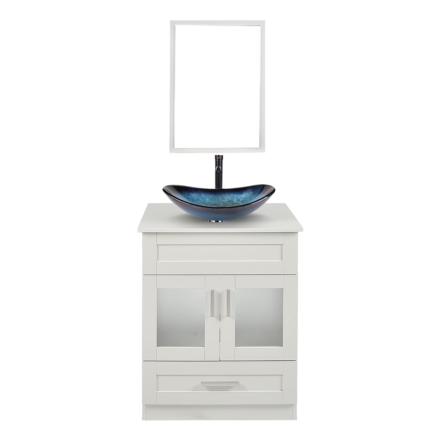 Puluomis Modern Vessel and Boat Sink Tops Combol 24 Inch Bathroom Cabinet with 1.5 GPM Water Save Faucet & Solid Brass Pop Up Drain and Mirror