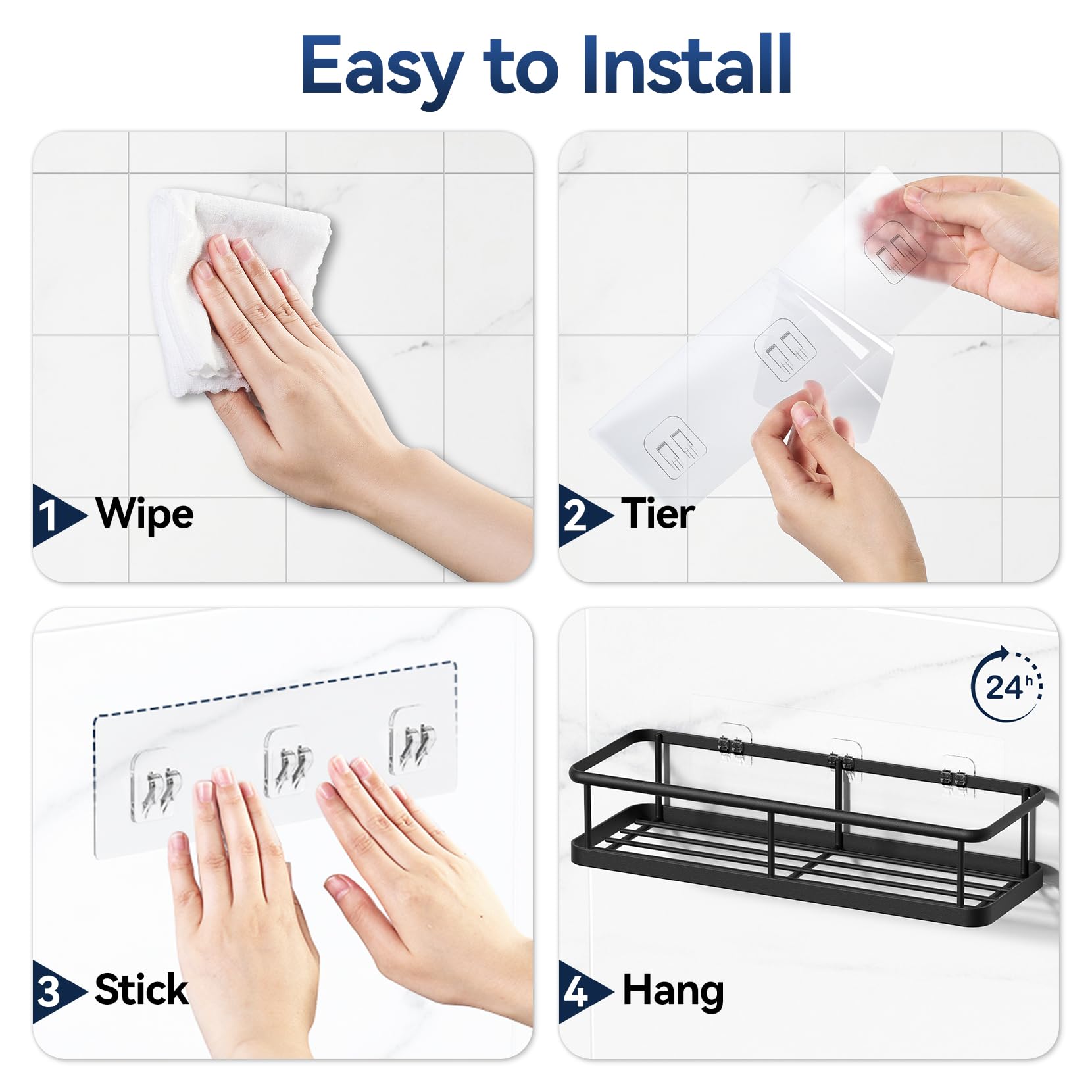 YASONIC Shower Caddy Adhesive, No Drill Bathroom Shower Organizers, with Removable Hooks, Rust Proof Shower Shelves, Wall-Mounted Shower Holder, Black, 2 Pack