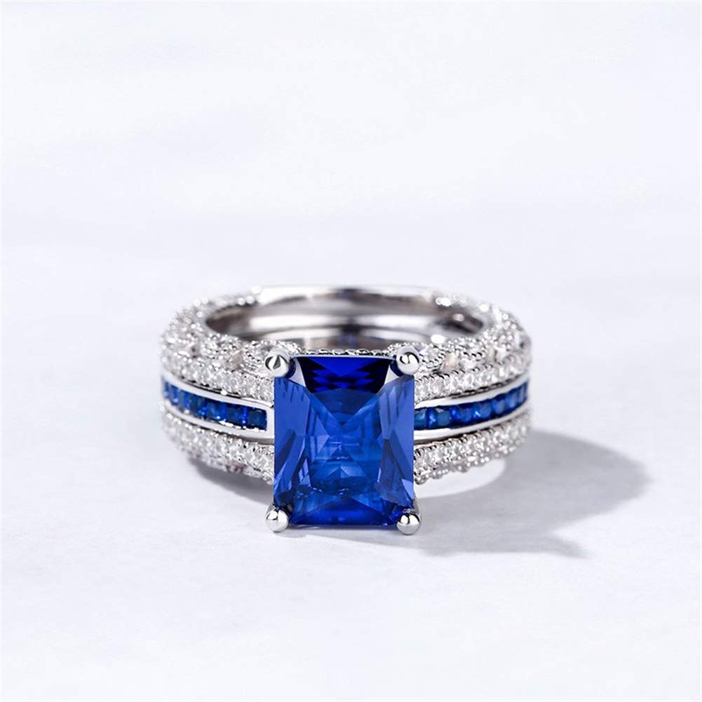 Jeulia 5.2 Carat 3PC Wedding Ring Set Radiant Cut CZ Diamond Engagement Rings Promise Anniversary Rings with Side Stones Romantic Jewelry Gift for her (Sapphire Blue, 9)