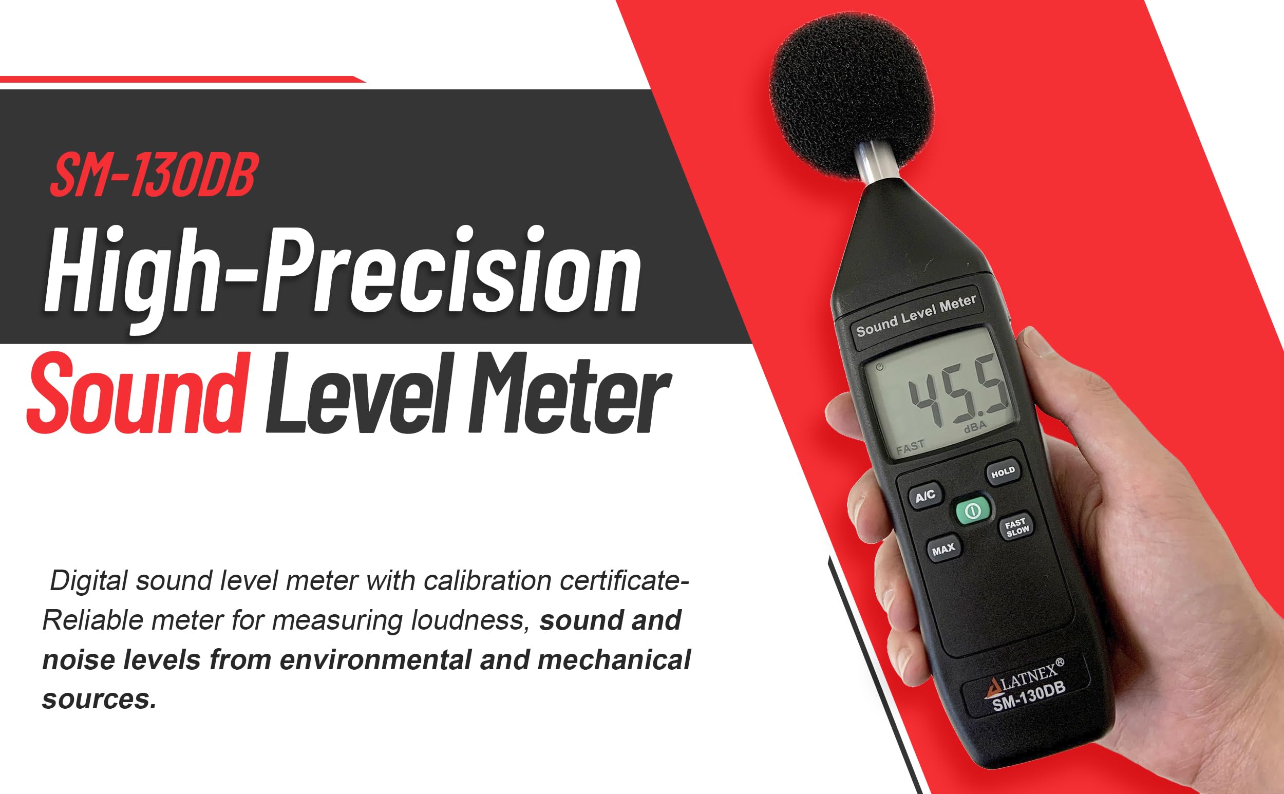 SM-130DB Digital Decibel Meter Reader and Sound Level Meter Type 2 with Calibration Certificate. Measurement Device for Environmental and Mechanical Noise Monitor - Manufacturing, Office, Classroom