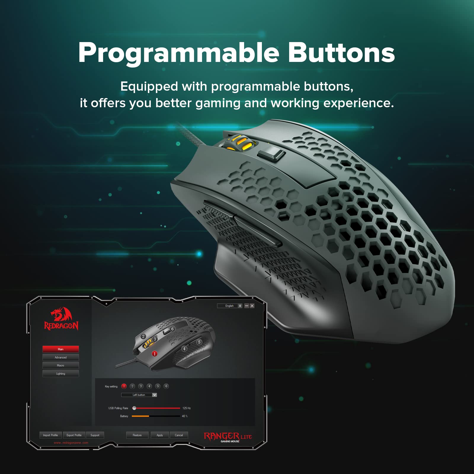 Redragon Gaming Mouse, 58g Ultra-Lightweight Mouse Gaming with 12400 DPI, Lightweight Honeycomb Wired PC Gaming Mice, 6 Programmable Buttons and Macro, Smooth Glide PTFE Feet, for PC, Laptop, Black