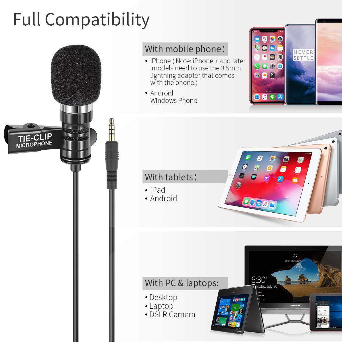 InnoGear Lapel Microphone with 6.5 Feet Extension Cable and 4 to 3 Pin Adapter 3.5mm Clip-on Omnidirectional Lavalier Mic for iPhone Android Smartphone
