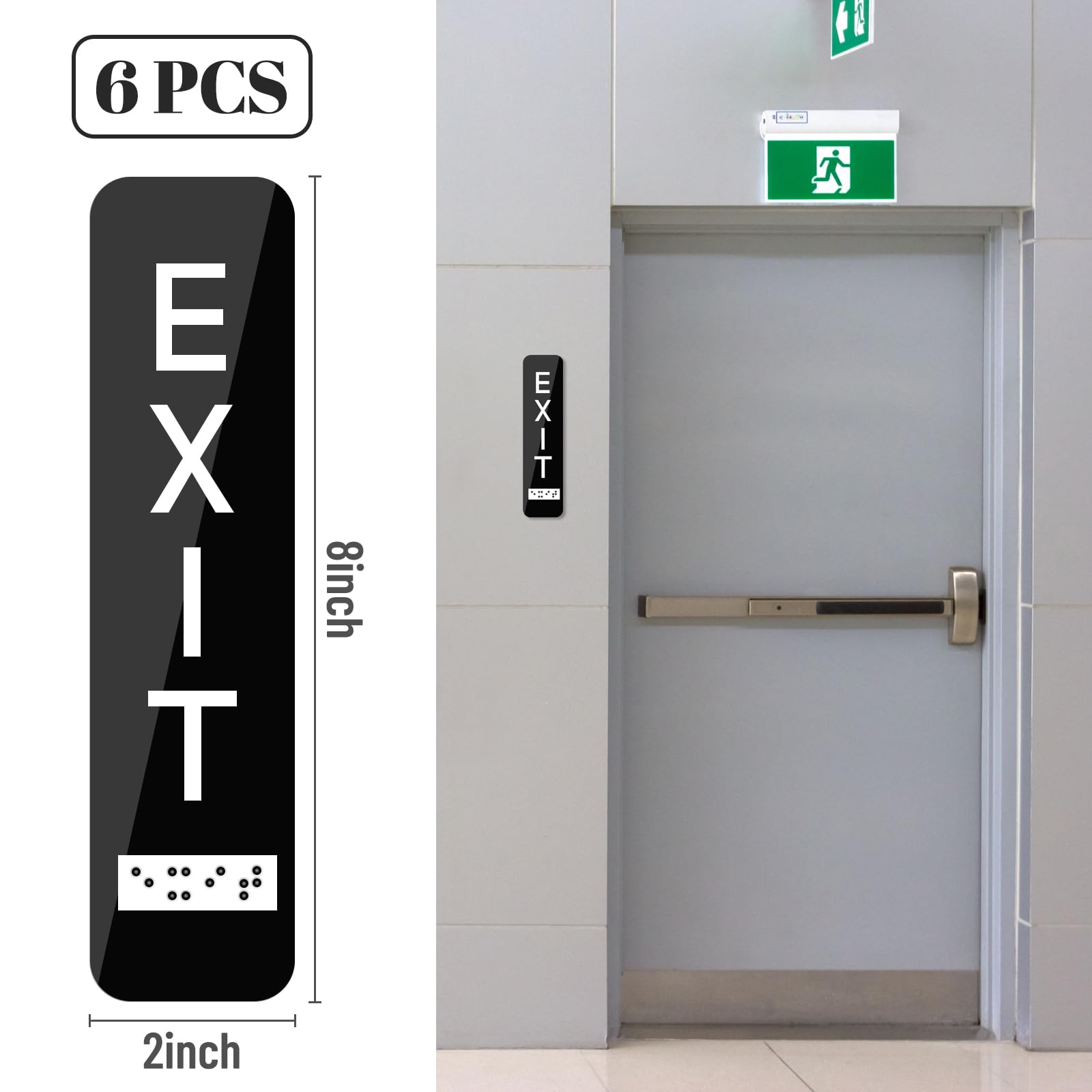Vertical Exit Sign with Braille - 8x2 inch ADA Compliant Exit Sign with Braille Exit Signs for Business Raised Braille with Adhesive for Indoor Outdoor Public Office Hotel Workplace 6 Pcs